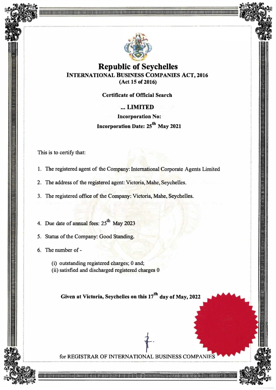 Certificate of Official Search | FSA Seychelles | €99